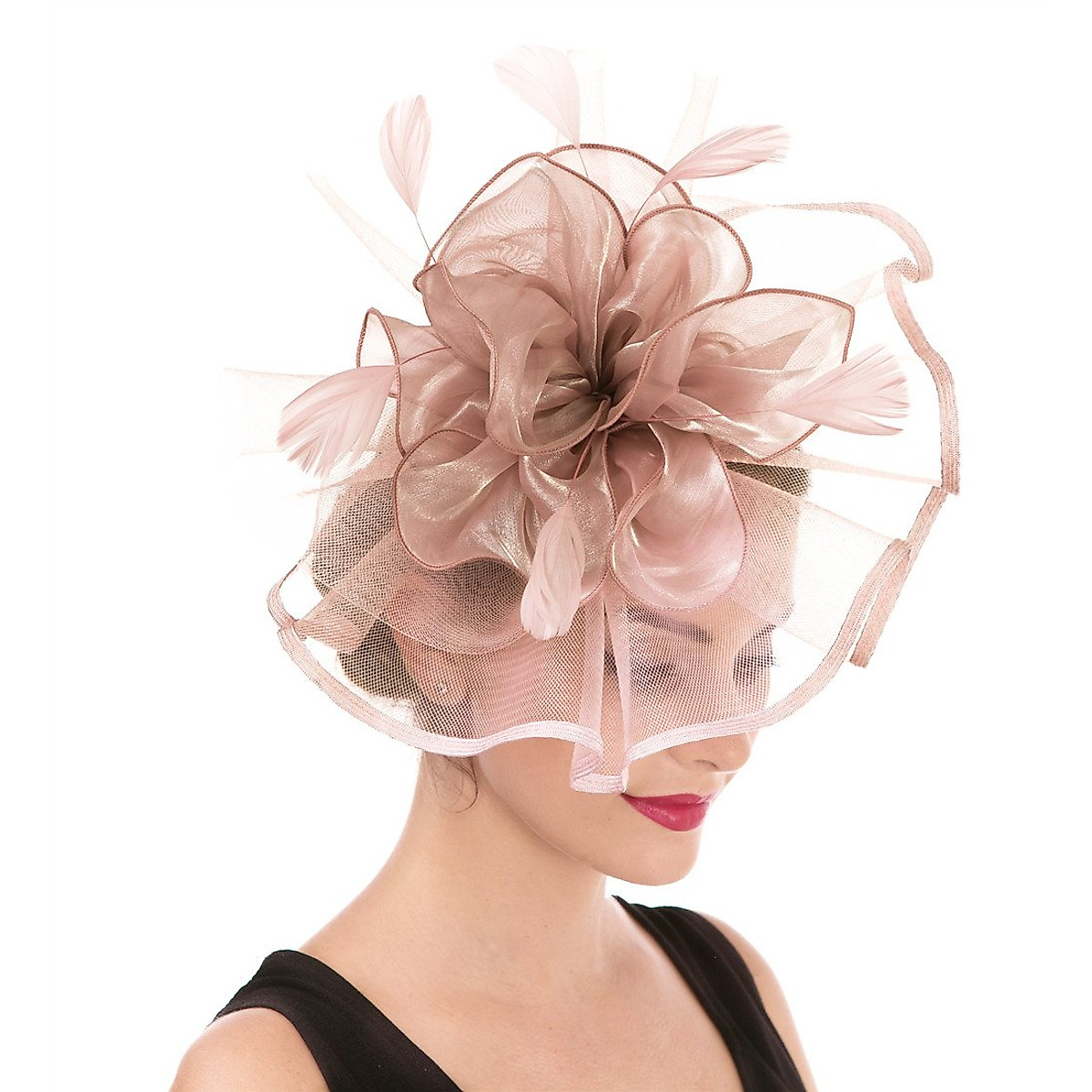 Fascinator Women's Organza Church Kentucky Derby British Bridal Tea Party Wedding Hat Summer Ruffle Hat(Hj2-Pink)