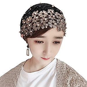 NICEYST Women Turban Hat Cancer Chemo Beanie Cap Headscarf Lace Embroidery Floral Beaded Islamic Muslim Hijab Head Wraps Black, One Size