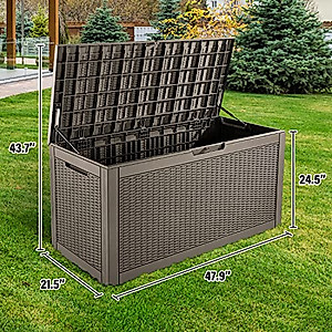 PayLessHere Deck Box 100 Gallons Storage Box Waterproof Outdoor Storage Box Bench with keyhole for Outdoor Garden Pool Patio Storage,Tan