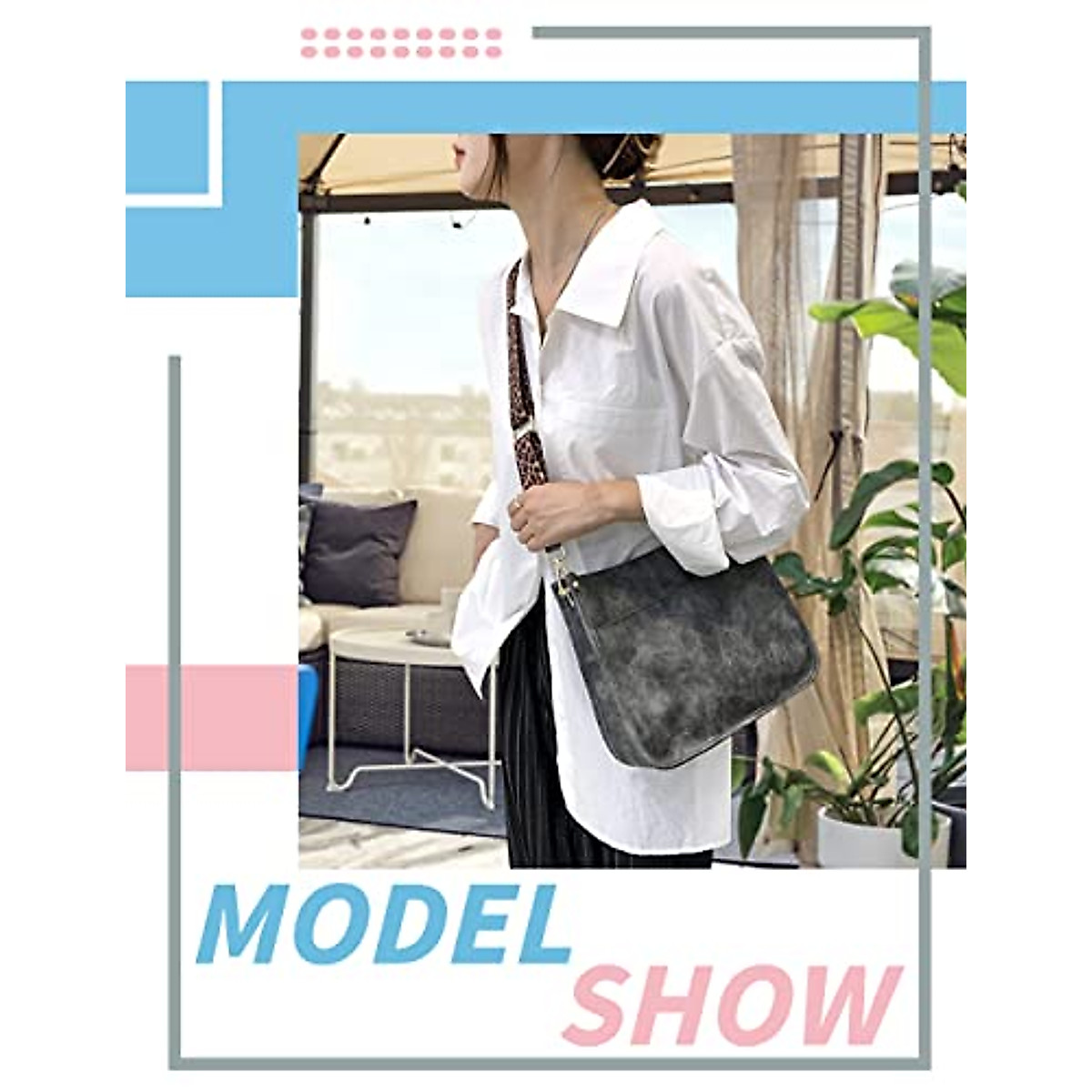 Crossbody Bags Purses Women Vegan Leather Leopard Guitar Strap Shoulder Bucket Handbags Designer Top Zipped Pockets Hobo Bags Gray