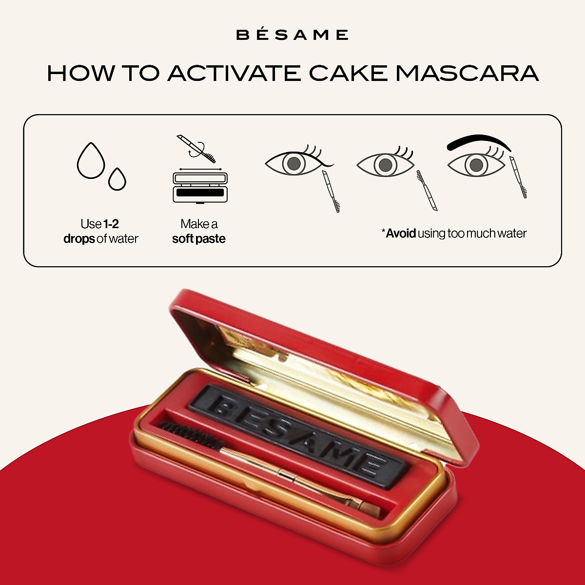 Besame Black Cake Mascara, Liquid Eyeliner & Brow Definer with Spoolie & Brush – Natural-Looking Lashes with Length & Definition, Water-Activated, No Harsh Chemicals, Vegan & Great for Sensitive Eyes