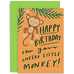 Old English Co. Little Monkey Birthday Card to Daddy Mummy - Cheeky Monkey Fun Card for Dad Mum Birthday from Son or Daughter | Blank Inside with Envelope