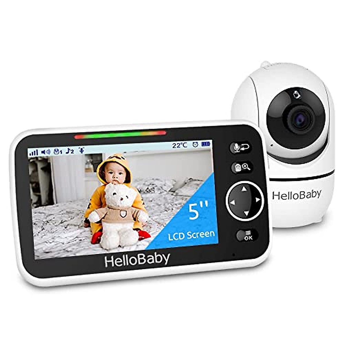 HelloBaby Monitor, 5''Display, Pan-Tilt-Zoom Video Baby Monitor with Camera and Audio, Night Vision, 2-Way Talk, Temperature, 8 Lullabies and 1000ft Range Baby Monitor No WiFi for Elderly(Old Model)