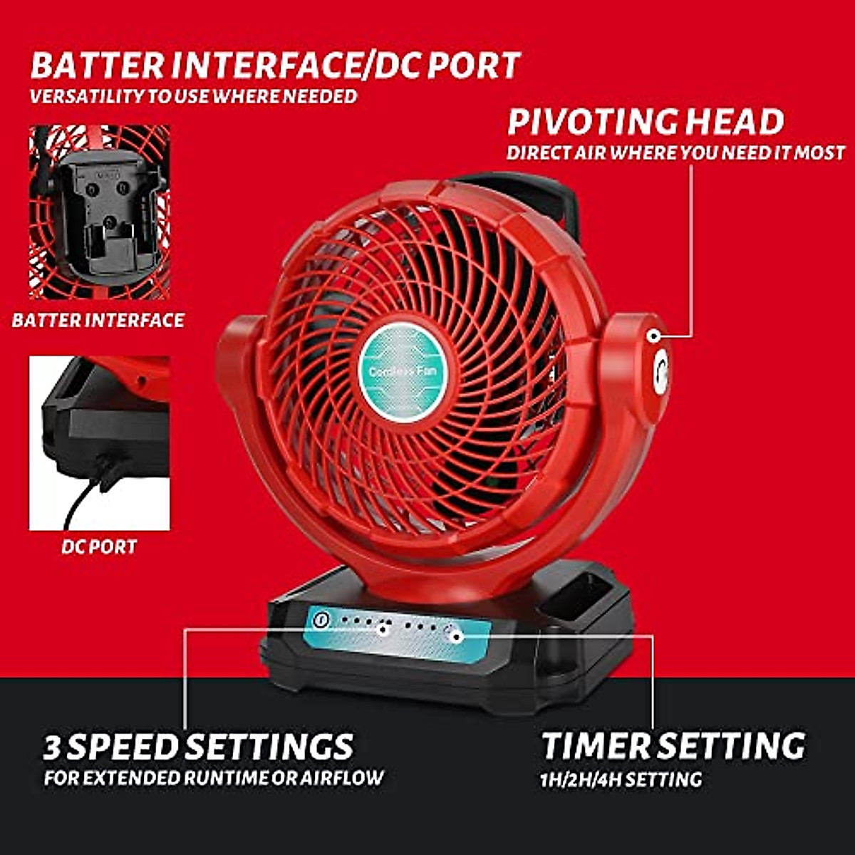 Cordless Fan for Milwaukee, 14" 3500CFM Floor Fan Powered by Milwaukee M18 18V Battery/AC Adaptor, Battery Operated Camping Fan for Outdoor Warehouse Gym Factory Travel, 3-Speed Jobsite Industrial Fan
