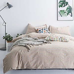 SUSYBAO Tan Gingham Duvet Cover King 100% Washed Cotton Beige Plaid Duvet Cover Set 3 Pieces 1 Checkered Grid Duvet Cover with Zipper Ties 2 Pillowcases Vintage Luxury Soft Gingham Bedding Set Durable