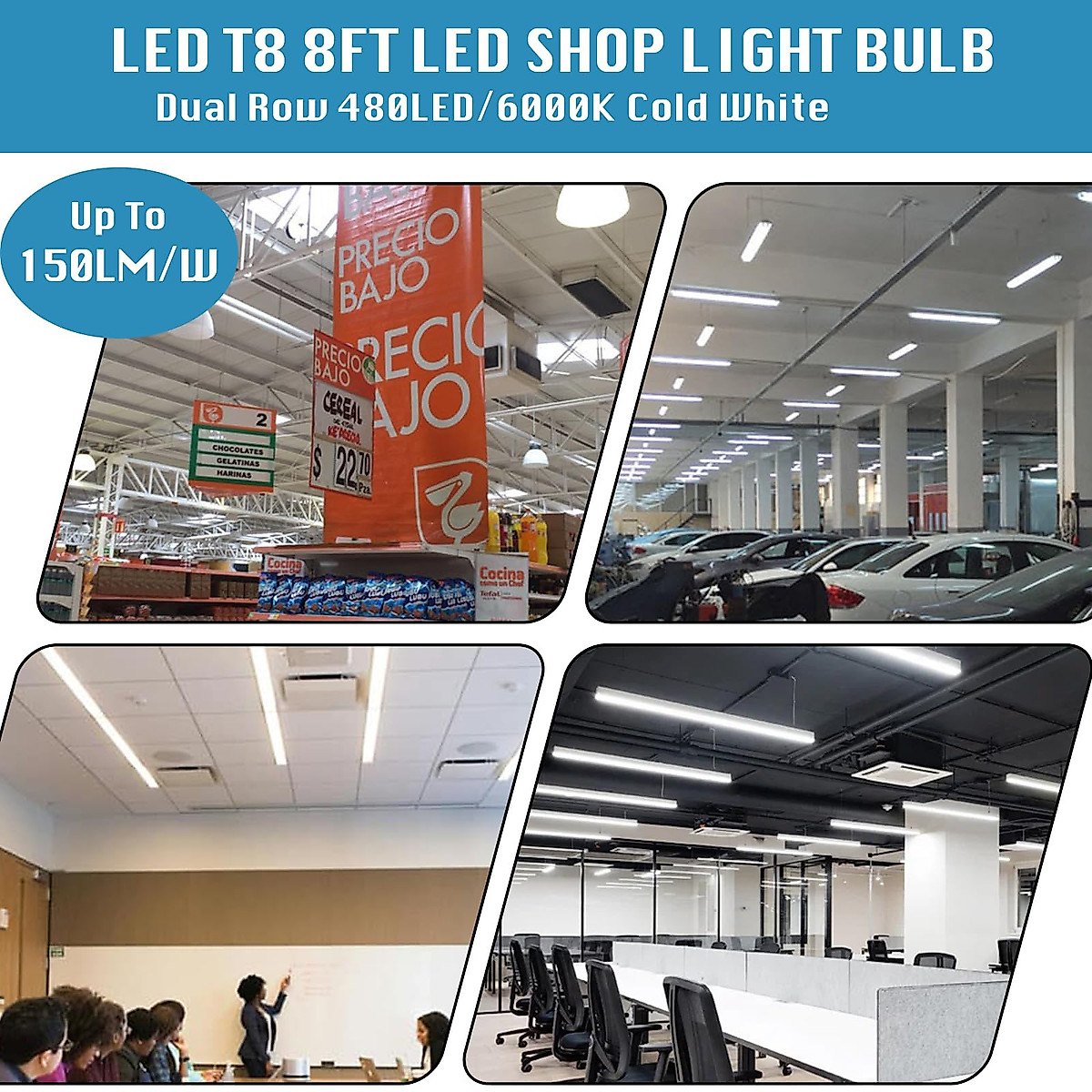 8FT LED Shop Light Fixture - 150W 19000LM, 5000K-5700K Daylight, 96'' T8 Integrated V Shape Fluorescent Tube Lights, High Output Bulbs for Garage Warehouse Workshop,Linkable Plug and Play (Pack-10pcs)