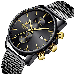 GOLDEN HOUR Men’s Watch Fashion Sport Quartz Analog Mesh Stainless Steel Waterproof Chronograph Watches, Auto Date in Gold Hands, Color: Black
