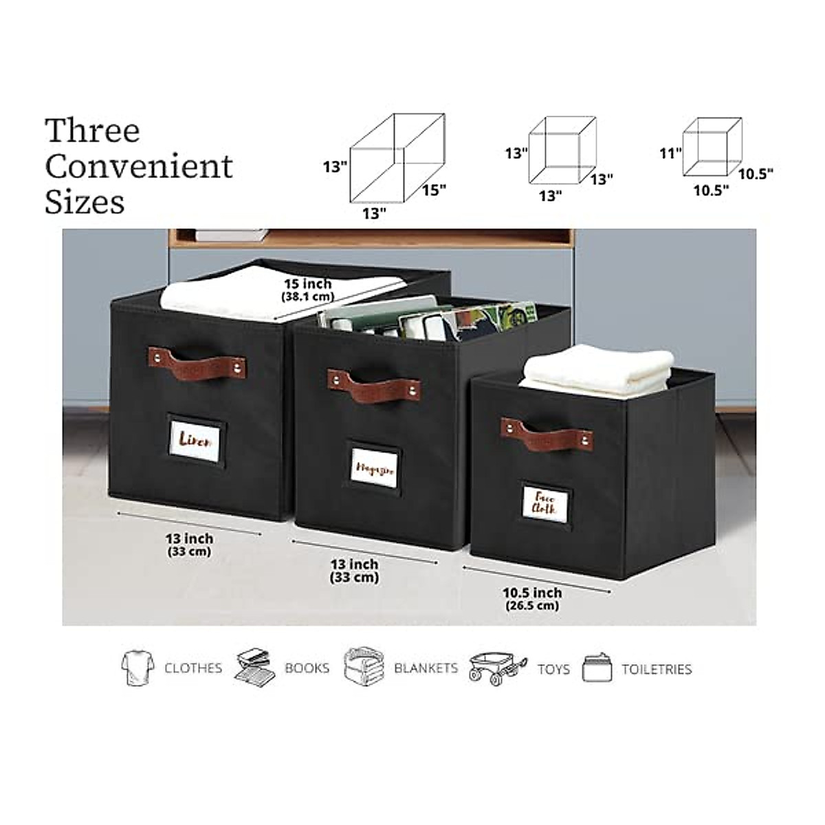 DECOMOMO Storage Baskets 13x15x13 Storage Cube Bins with Label Holders, Kallax Storage Cubes Baskets for Organizing Shelves Nursery Toy (Kallax / 4pcs, Black)