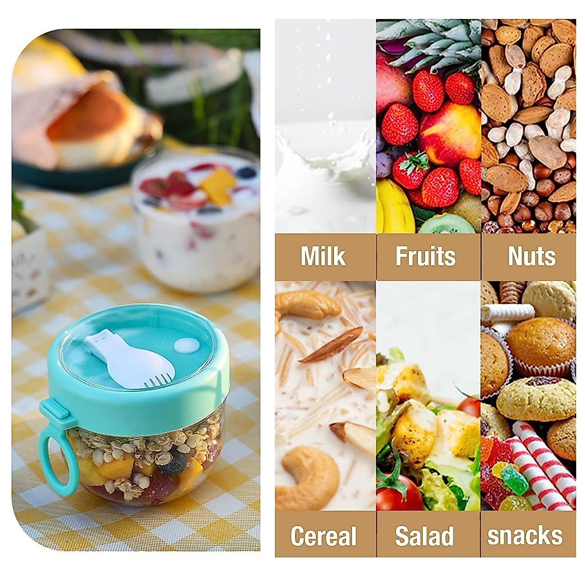 Portable Overnight Oats Containers with Lids and Spoon, Overnight Oats Jars for Breakfast, MealPrep Jar Airtight, 20 OZ, Large, Airtight, Set of 2