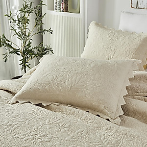 Brandream Beige Quilts Queen King Size Cotton Farmhouse Matelasse Coverlet Scalloped Edge Bedspreads Luxury Quilt Bedding Set 3-Piece 98x106