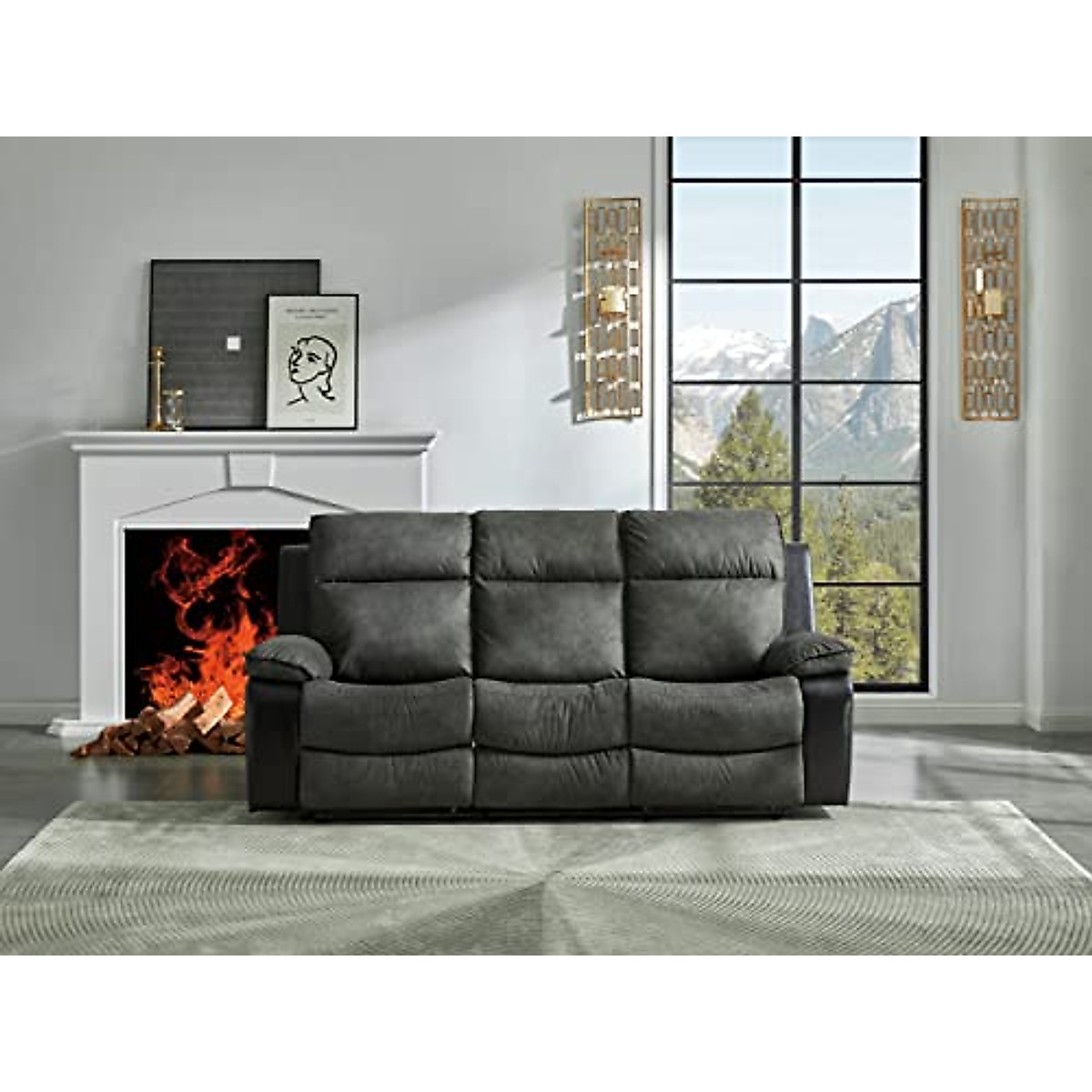 Signature Design by Ashley Woodsway Modern Faux Leather Tufted Reclining Sofa, Gray & Black