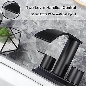 4 inch Centerset Bathroom Faucets Black Matte, Jodulos 2 Handle Waterfall Bathroom Sink Faucet with Pop Up Drain Stopper, Stainless Steel Bathroom Sink Faucet with cUPC Supply Lines JU-DE-201-BK