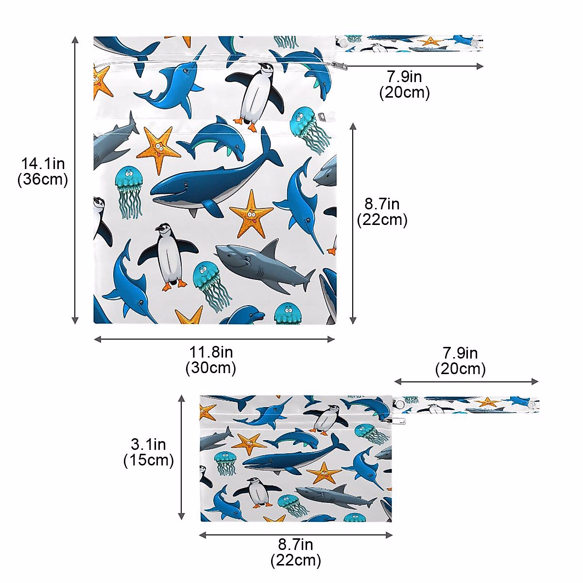 Kigai Sea Animals Waterproof Wet Dry Bag Reusable with Handle for Travel, Beach, Pool, Diapers, Toiletries 2Pcs