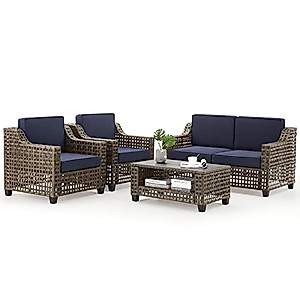 MELLCOM 4-Piece Outdoor Sectional Sofa Couch, Patio Furniture Set with Cushions and HDPE Table Top, Handwoven PE Wicker Rattan Patio Conversation Set for Patio, Garden, Yard, Pool, Brown and Blue