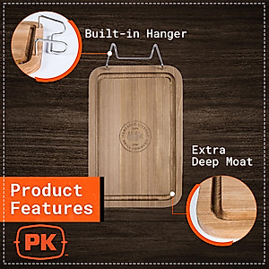 PK Grills Solid Teak Wood Cutting Board for Kitchen, Outdoor, Meat, BBQ, Food, Wooden Chopping Block with Stainless Steel Hanger, PKUA-CB-TW-X