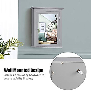 Tangkula Bathroom Cabinet with Mirror, Mirrored Wall-Mounted Storage Medicine Cabinet with Single Door & Adjustable Shelf in 5 Positions, Multipurpose Wall Cabinet for Bathroom Vestibule (Gray)