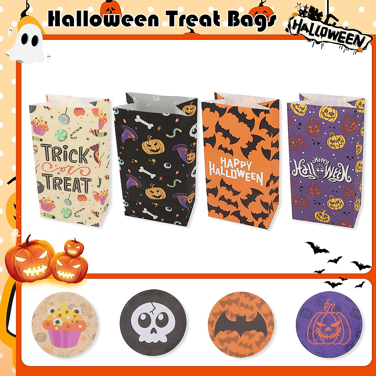 Semato Halloween Treat Bags, 24 Pcs Paper Halloween Goodie Bags Trick or Treat Gift Bags Bulk Halloween Candy Bags for Kids Halloween Bags Party Favors