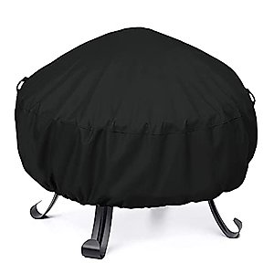 SunPatio Fire Pit Cover Round 32 inch, Heavy Duty Waterproof Fire Bowl Cover, Outdoor Patio Furniture Cover Side Table Cover with Adjustable Drawstring and Handles, UV & Rip & Fade Resistant, Black