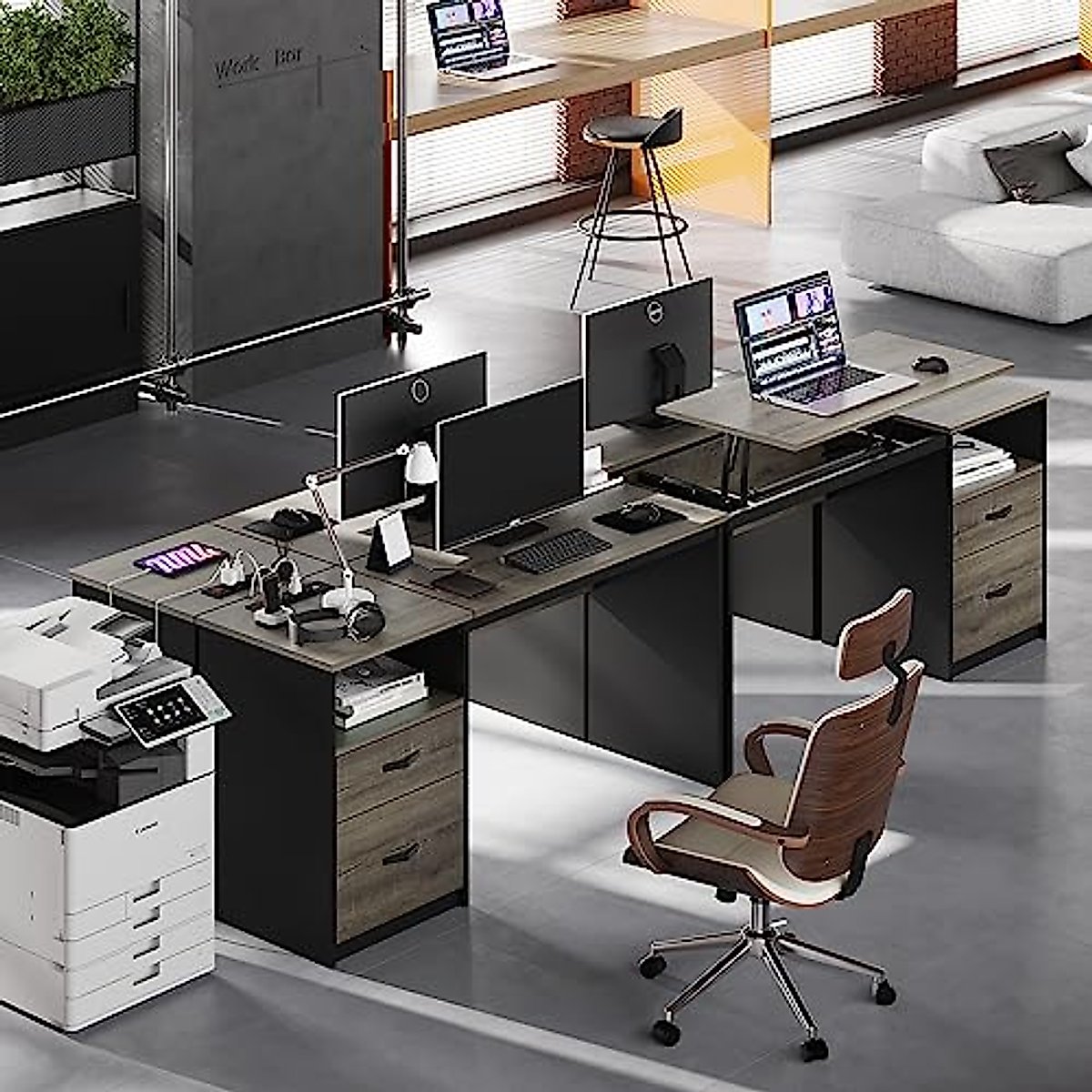 Bestier Lift Top Computer Desk with File Drawer, 60" Large Office Desk with Power Outlet USB Port Built in Writing Study Computer Table with Storage Workstation for Home Office Bedroom, Gray