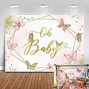 Mocsicka Butterfly Baby Shower Backdrop 7x5ft Oh Baby Pink Glitter Butterflies Baby Shower Party Decorations for Girls Butterfly Kisses and Baby Wishes Photography Background