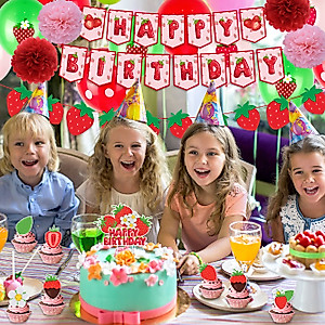 Strawberry Birthday Party Decorations Set Include Strawberry Shortcake Birthday Banner Cake Toppers Balloons Paper Pompoms and Fans for Kids Girl Berry Sweet Themed Birthday Party Supplies Decor