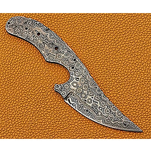 7.5 inches long hand forged rain drop pattern Damascus steel trailing point blank blade skinning knife, 3" long sharp cutting edge, 4" scale space with 6 pins hole