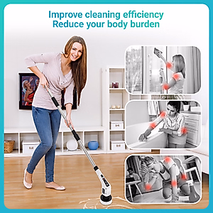 Electric Spin Scrubber, Shower Scrubber with Long Handle, 5000Mah Bathroom Scrubber-2024 New LED Battery Screen, 8 in 1 Replaceable Brush Heads, 420RPM/Mins-3 Adjustable Speeds for Bathroom Floor Tile