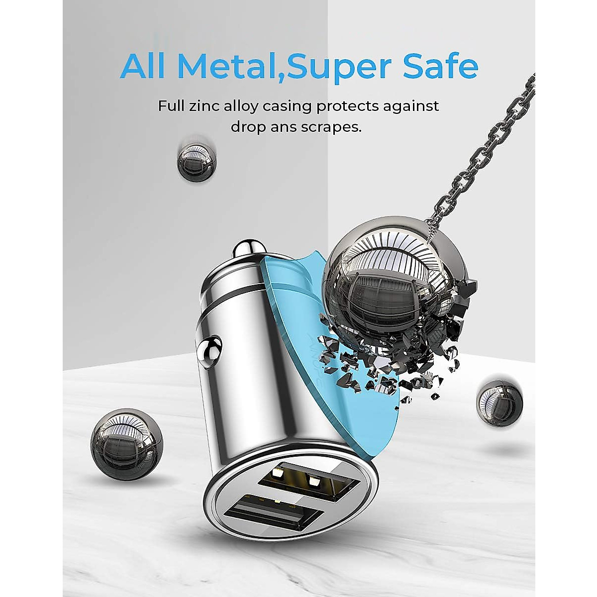AINOPE Car Charger Adapter【Smallest Metal】 4.8A Cigarette Lighter USB Car Charger Adapter Dual Port 12V USB Outlet Flush Fit for iPhone 16 Pro Max/15/14 iPad Air Samsung Galaxy S25 S24 Ultra,Sliver
