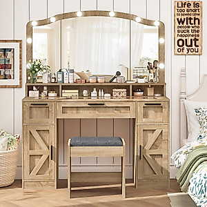 usikey Farmhouse Vanity Desk with Large Lighted Mirror and 10 Lights, 43.3" Glass Tabletop Makeup Vanity with 3 Drawers, Large Vanity Tabel Set with Long Storage Shelf, 2 Cabinets and Stool, Maple