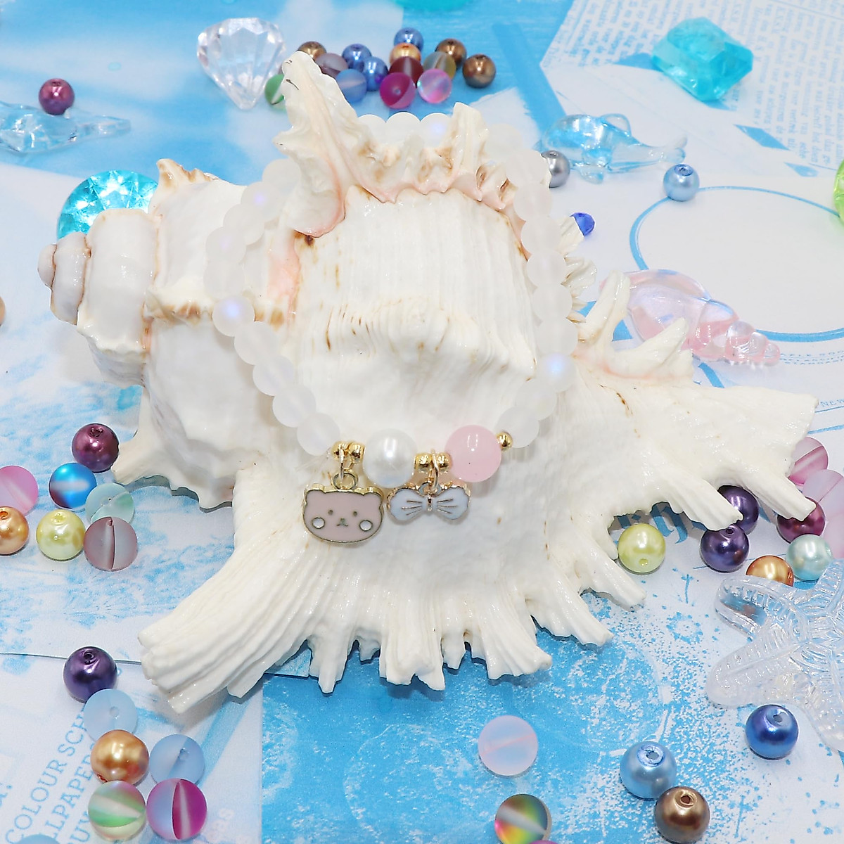 Guoxin 100Pcs Moonstone Matte Iridescent Glass Beads Mermaid Aurora Frosted Glitter Beads for Bracelets DIY Jewelry Making (6MM, Matte White)