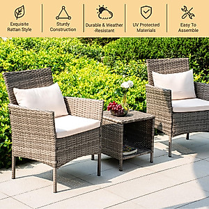 Tappio 3 Piece Patio Conversation Bistro Set, Porch Balcony Furniture Set Outdoor Chat Furniture, Wicker Chairs and Storable Table Set for Yard Balcony Backyard Apartment, Gray/Beige