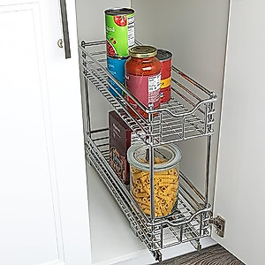 Household Essentials Narrow Sliding Cabinet Organizer, Two Tier Chrome Organizer, Chrome, Great for Slim Cabinets in Kitchen, Bathroom and More