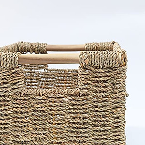 Teri Tale Seagrass Storage Baskets with Wooden Handles, Rectangular Wicker Baskets for Organizing - Decorative Wicker Storage Basket for Living Room (Large)