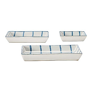 Creative Co-Op Hand-Painted Stoneware Trays with Grid Pattern, Set of 3 Plate, 7.5", Blue & White