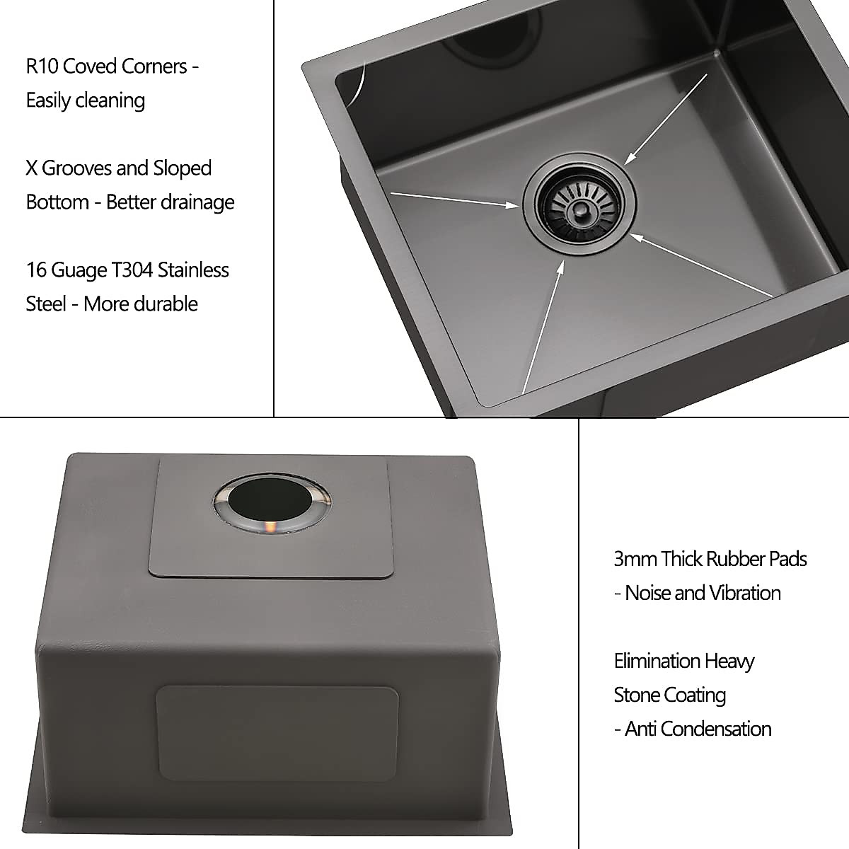 20x17 Inch Black Stainless Steel Undermount Kitchen Bar Sink, Luckyhorse 16 Gauge Deep Matte Black Stainless Steel Undermount Small Kitchen Sink LH016S