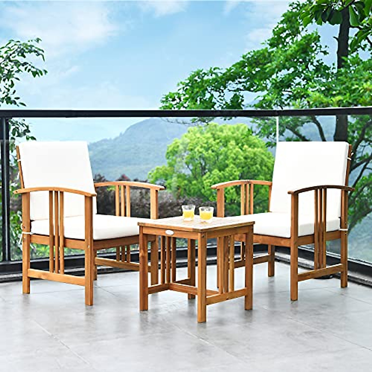 Tangkula 3 Pieces Patio Furniture Set, Includes Set of 2 Outdoor Acacia Wood Cushioned Chairs and Coffee Table, for Garden, Backyard, Poolside, Bistro and Deck, Patio Conversation Chat Set (White)