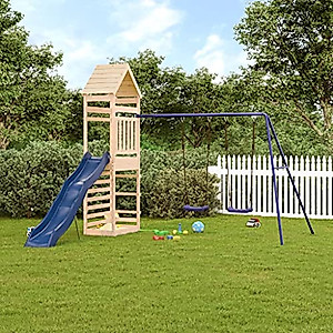 GOLINPEILO Outdoor Playset Solid Wood Pine, Garden Play Set with 1 Play Tower,1 Wave Slide,1 Double Swing Set, Modern Outdoor Backyard Children's Climbing Wood Playground Playset,-4591
