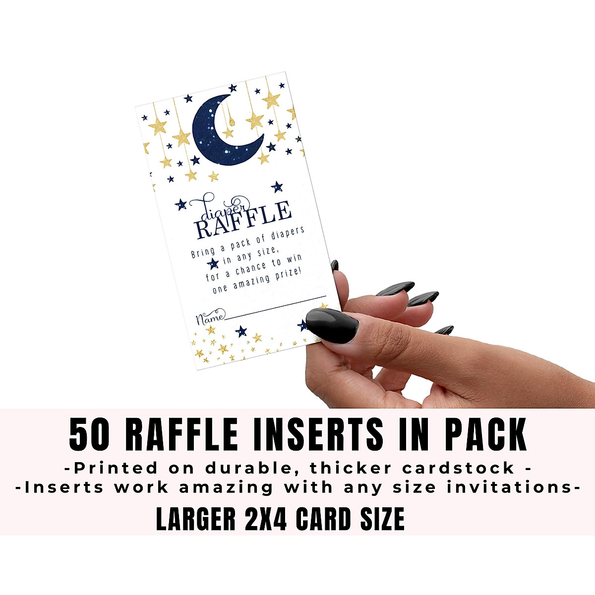 Twinkle Little Star Diaper Raffle Tickets, Celestial Baby Shower Games for Prizes, Navy and Gold Baby Shower Diaper Raffle Invitation Insert Cards, 50 Pack