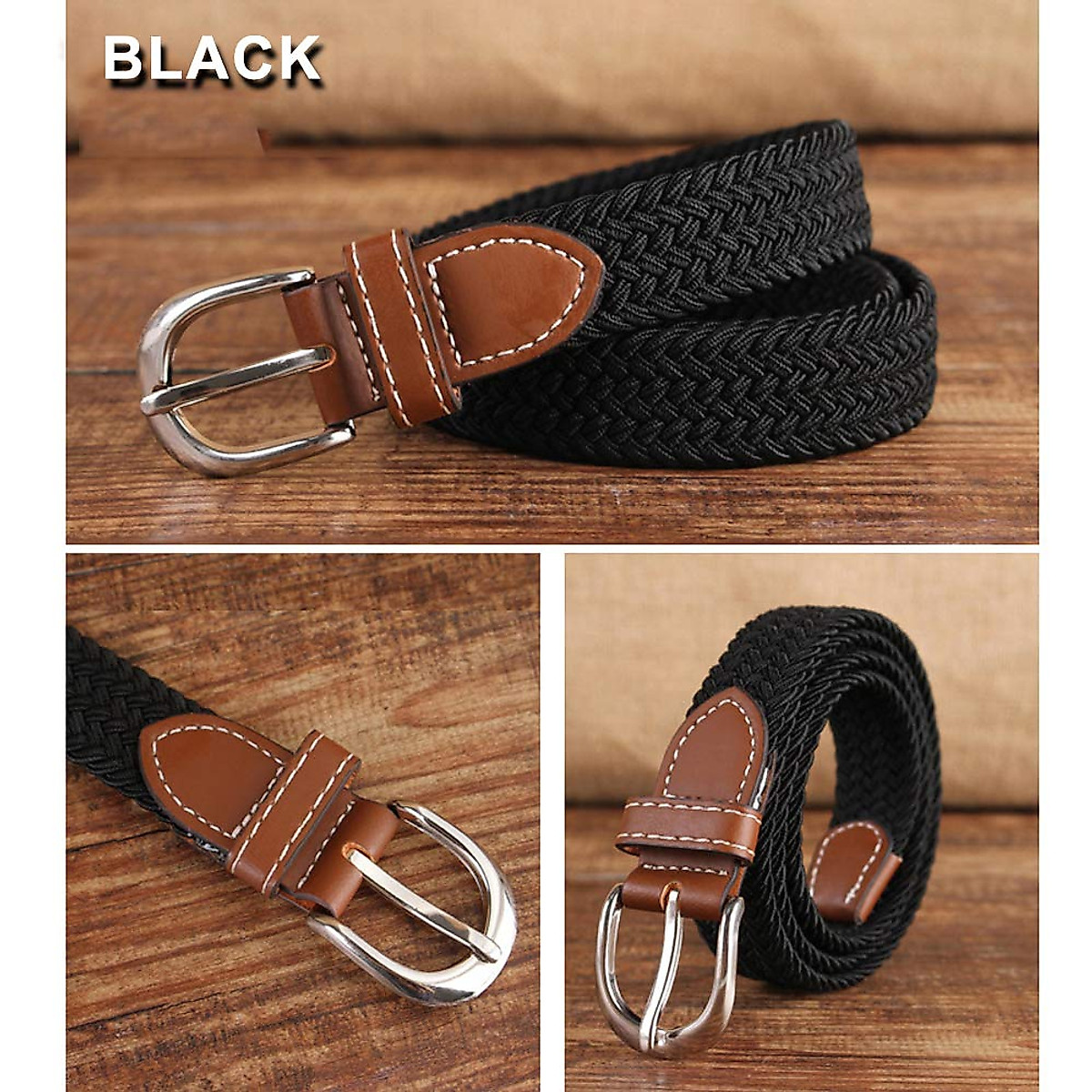 YUCFOREN 2 Pack 1'' Narrow Width Elastic Belt, Stretch Braided Skinny Fabric Woven Women or Girl Jeans Dress Casual Belt