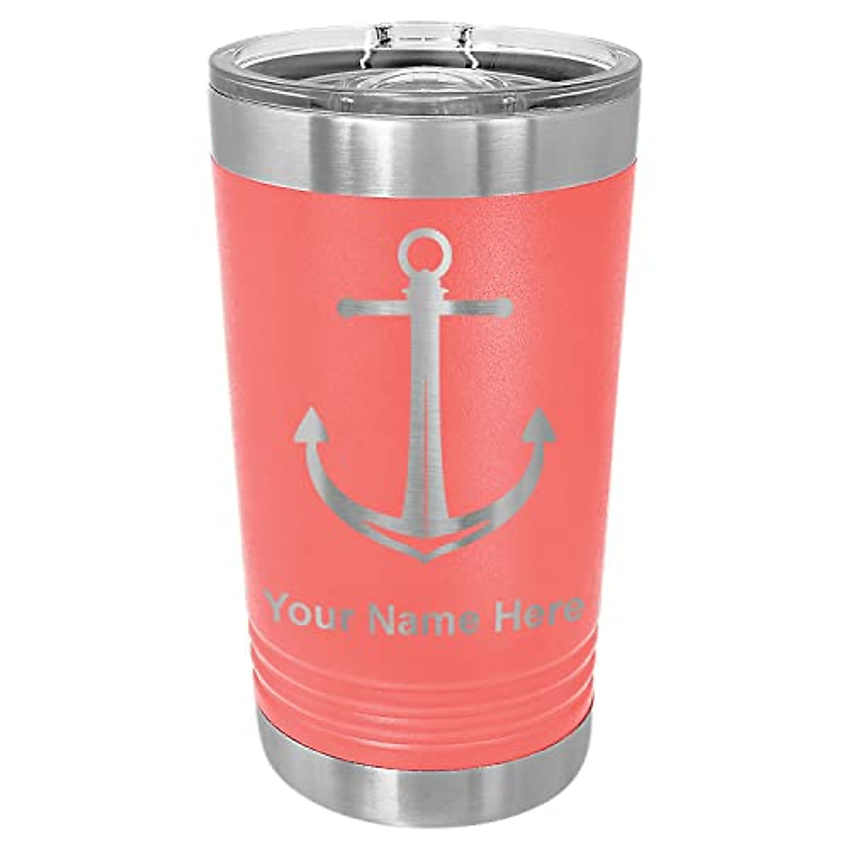 LaserGram 16oz Vacuum Insulated Pint Tumbler, Boat Anchor, Personalized Engraving Included (Coral)