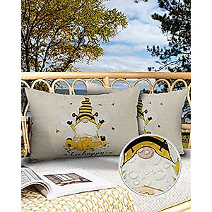 Yellow Honey Summer Bee Dwarf Spring Flower Outdoor Pillow Cover 12x20 Inch Cushion Sham Case, Waterproof Decorative Lumbar Throw Pillowcase for Outside Garden Patio Porch Couch Chair Tent