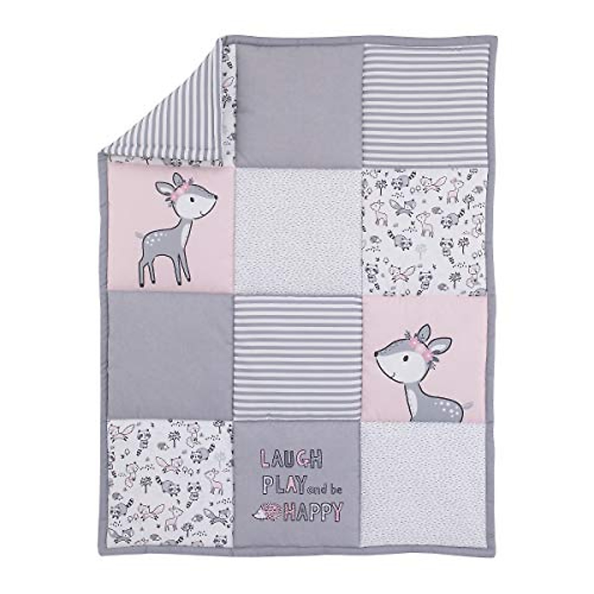Little Love By Nojo Sweet Deer, Grey, Pink, White 3Piece Nursery Crib Bedding Set With Comforter, Fitted Crib Sheet, Dust Ruffle, Pink, Grey, White, Charcoal