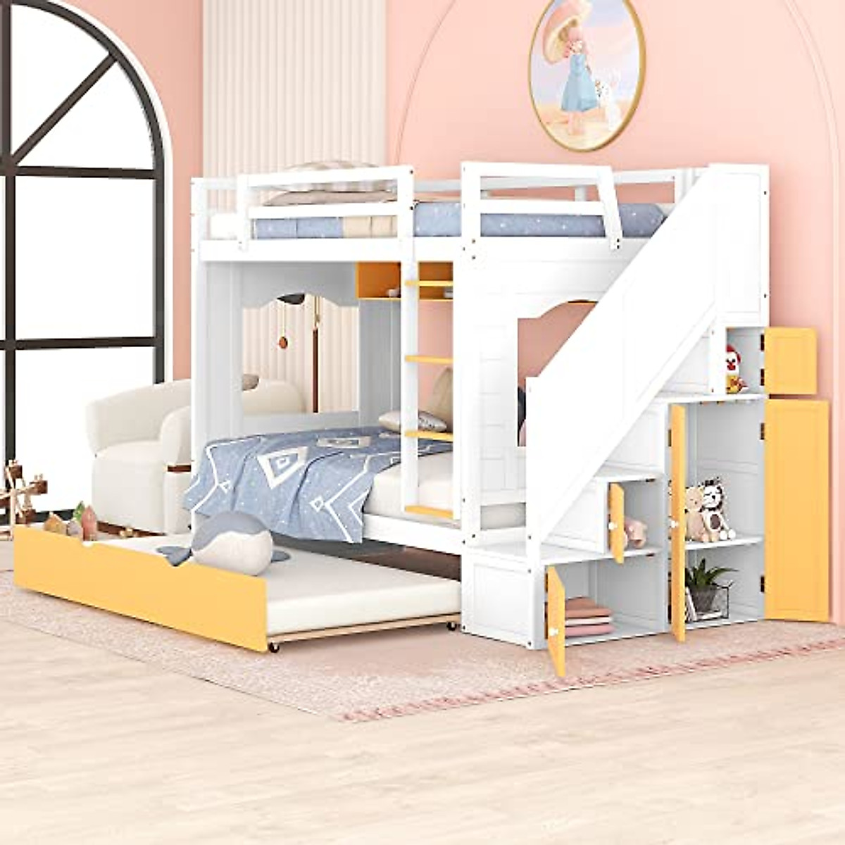 HomSof Twin Over Twin Bunk Bed with Trundle,Stairs,Ladders Solid Wood Bunk Bed with Storage Cabinet （White + Yellow）