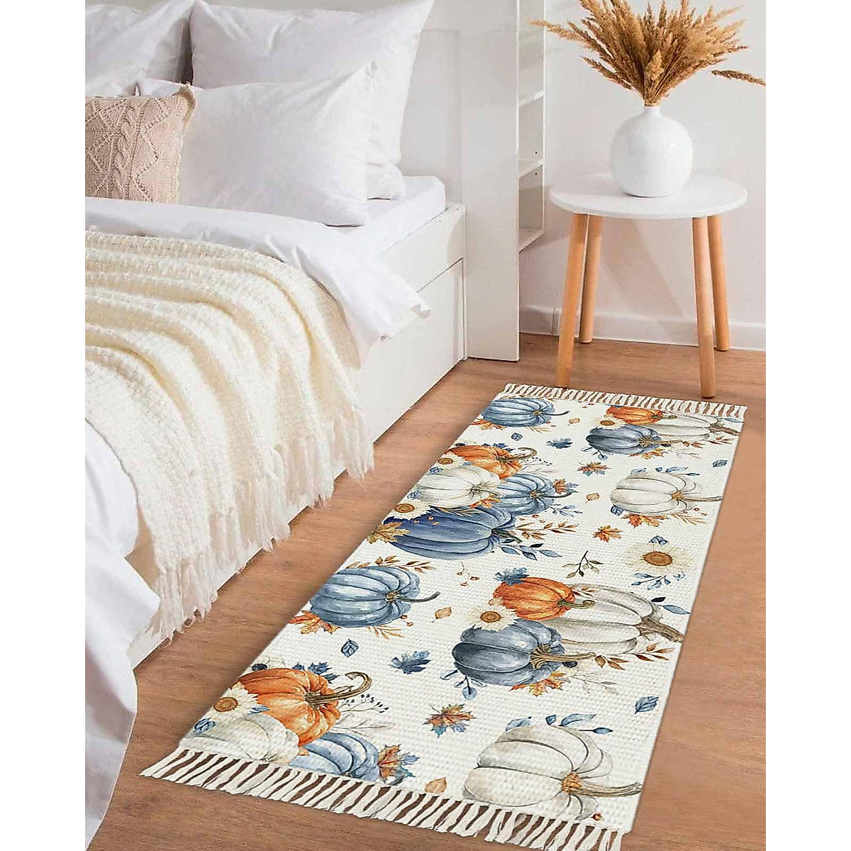 Thanksgiving Orange Blue White Pumpkins Hallway Runner Rug 2x6ft,Fall Eucalyptus Washable Woven Living Room Bedroom Kitchen Bathrom Carpet with Tassels Indoor Outdoor Throw Door Mat for Entryway