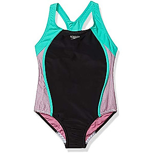 Speedo Girl's Swimsuit One Piece Mesh Splice Thick Strap Fuchsia Pink, 10