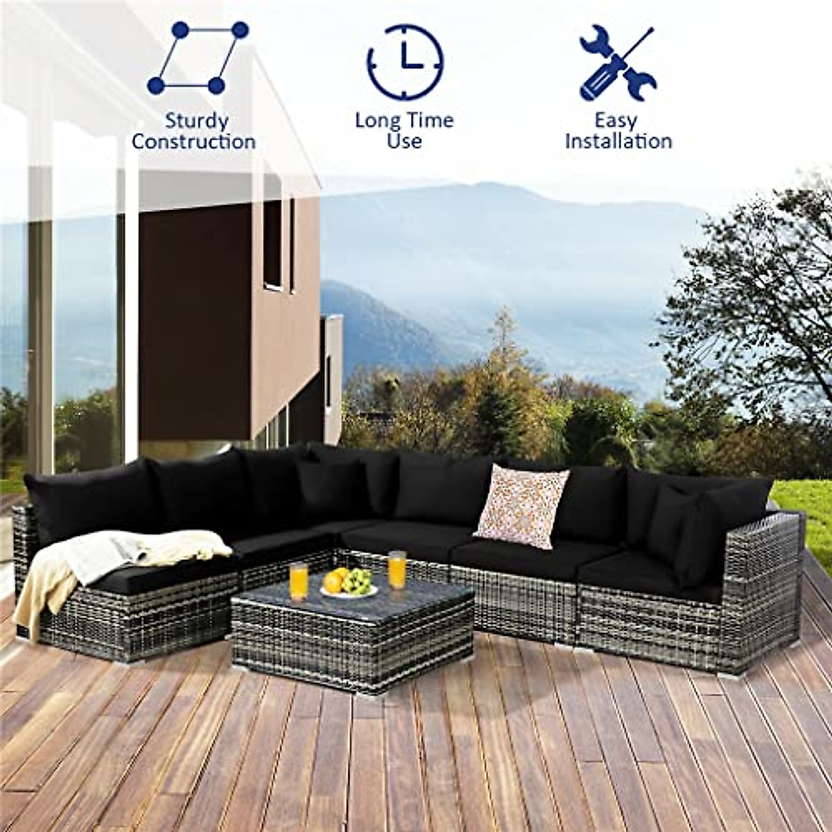 SLNFXC 7PCS Patio Rattan Furniture Set Sectional Sofa Garden Black Cushion Corner Sofas and Single Sofas