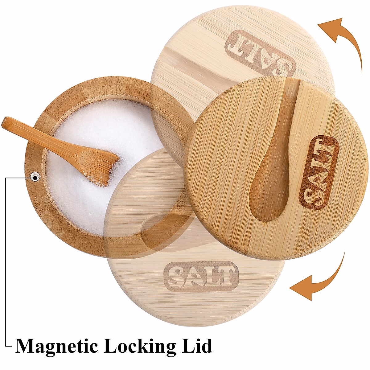Lawei 2 Pack Bamboo Salt and Pepper Bowls, Round Salt Container with Magnetic Swivel Lids and Spoons, Bamboo Salt Cellars, Seasoning Storage Holder Box for Salt, Pepper, Sugar, Spice