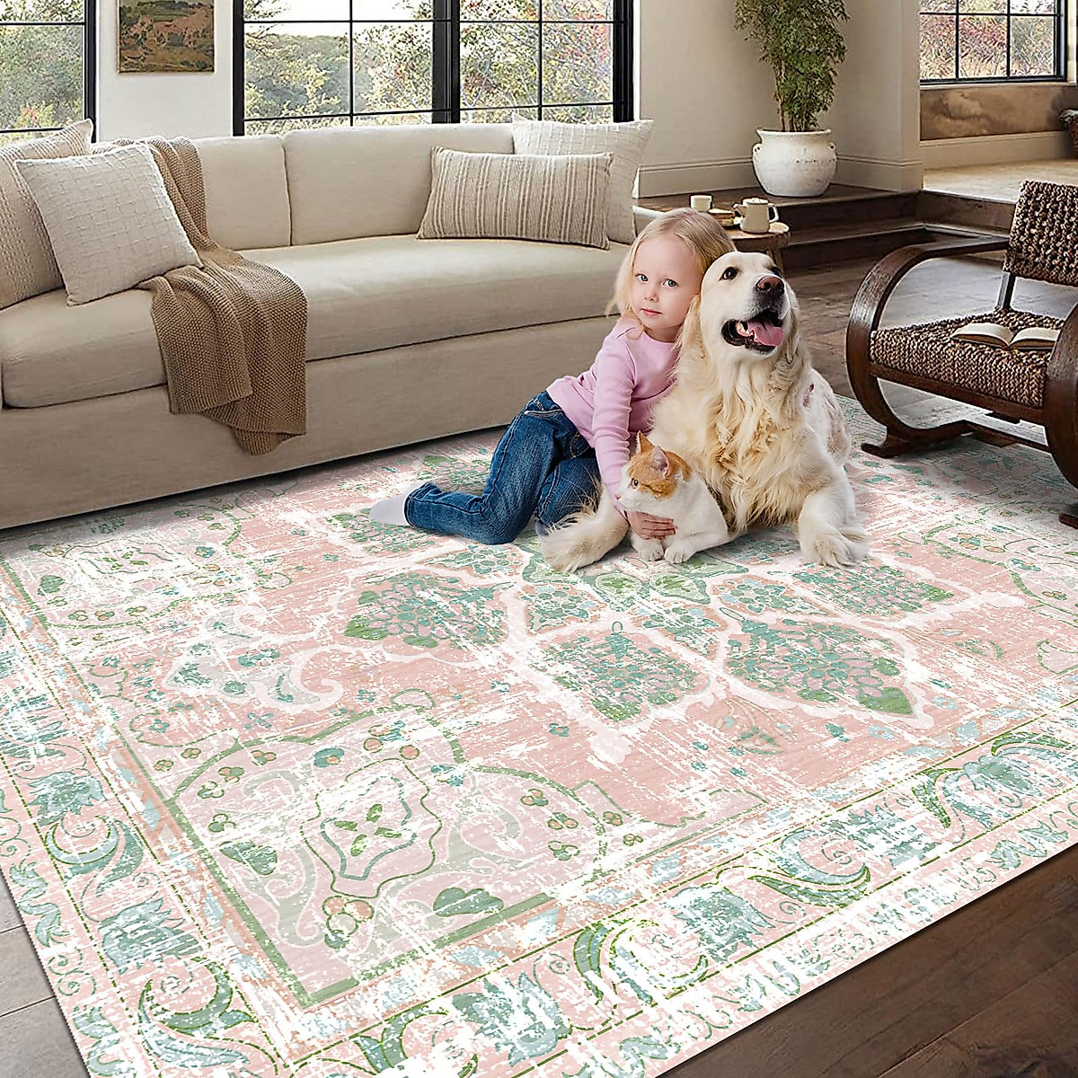 Vhong Boho Area Rugs Vintage Washable Neutral Modern Dusty Pink and Green 5x7 Non Slip Carpet for Nursery Living Room Dining Room Bedroom Farmhouse Girls'Room