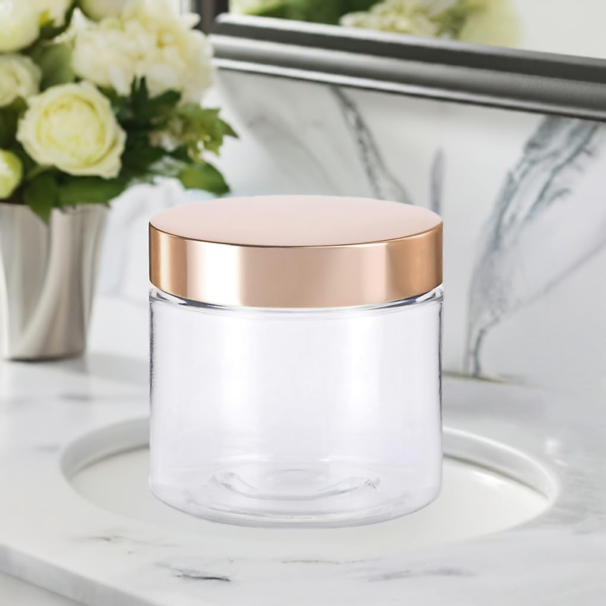 8 oz / 240 ml Clear PET Plastic Refillable Jar with Luxury Gold Metal Overshell Lid (6 Pack)