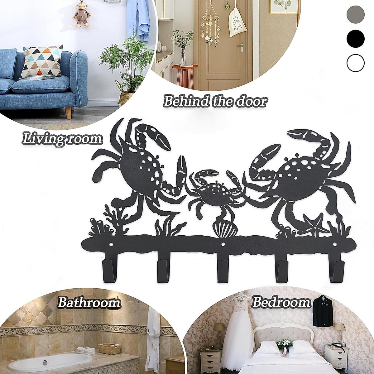 VIVICOMFY Metal Crab Coat Hooks Wall Mount-Crab Hangers and Key Holder-Clothes Hat Rack and Backpack Hanger Decor for Storage, Living Room, Hallway, Office Gift (Black)
